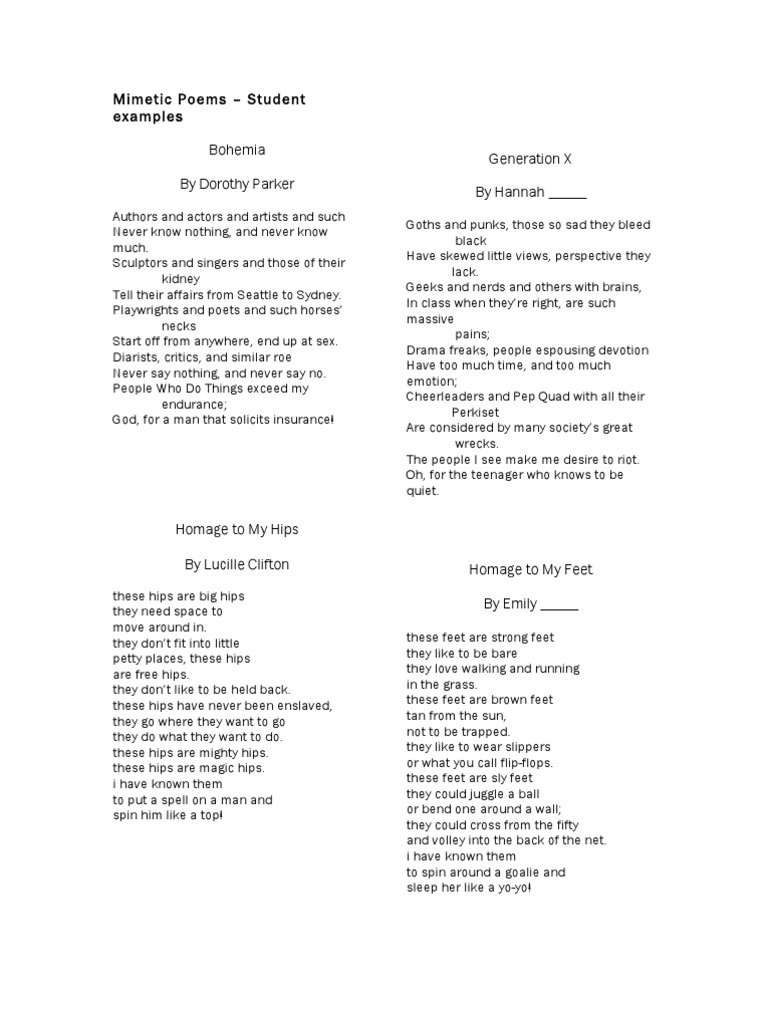 Mimetic Poems - Student Examples | PDF