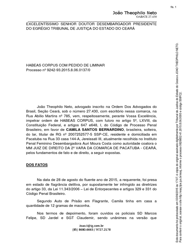 Habeas Corpus Excesso De Prazo Art 306 Pdf Habeas Corpus