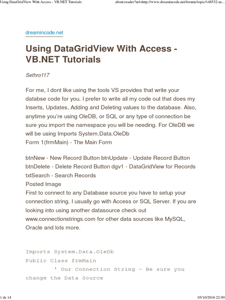 Using Datagridview With Access Vb Net Tutorials Pdf Sql Databases