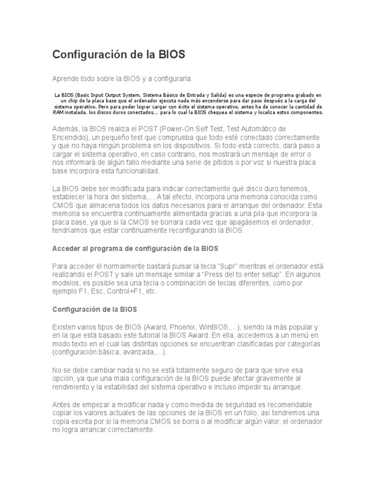 Configuración de La BIOS | PDF | Bios | Unidad Central de procesamiento