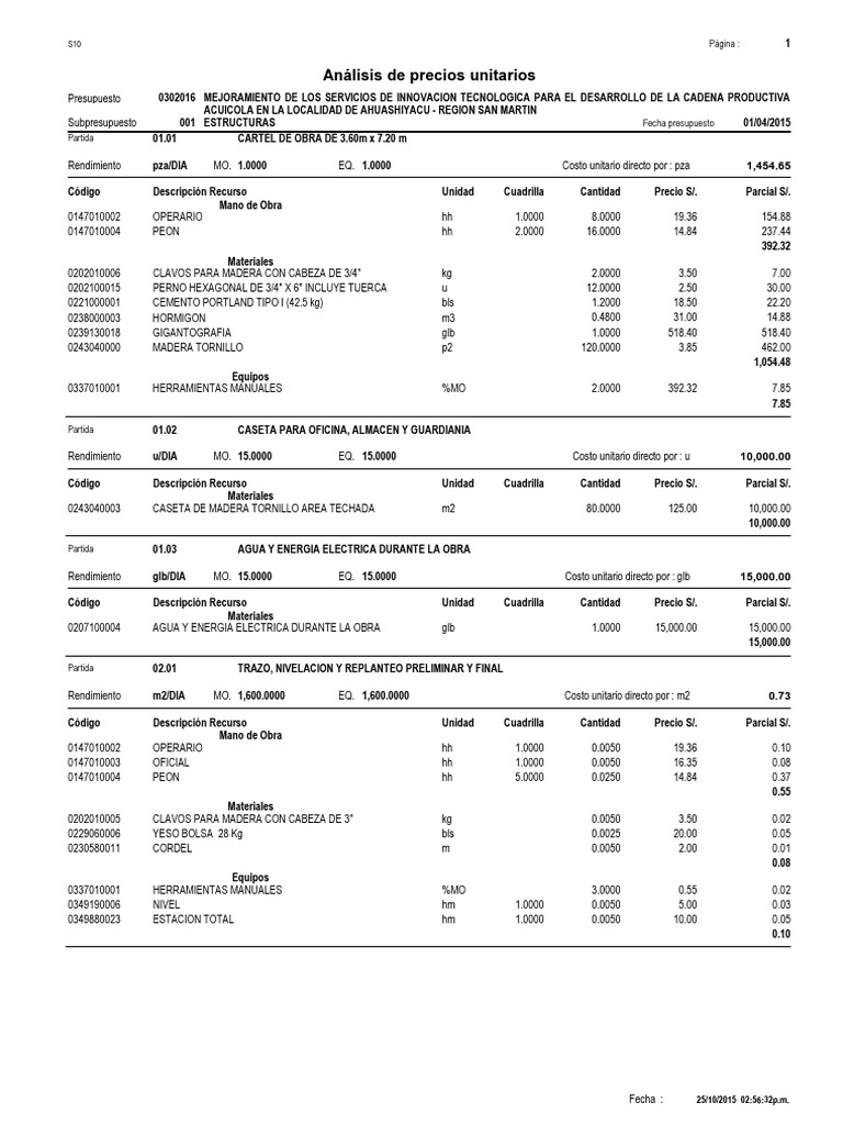 Apu Estructuras PDF | PDF | Presupuesto | Hormigón