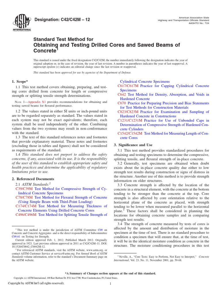 ASTM-C-42 - Obtainig and Testing Drilled Cores and Sawed Bemas of ...