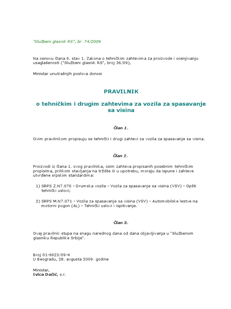 Pravilnik o Tehnickim I Drugim Zahtevima Za Vozila Za Spasavanje Sa ...