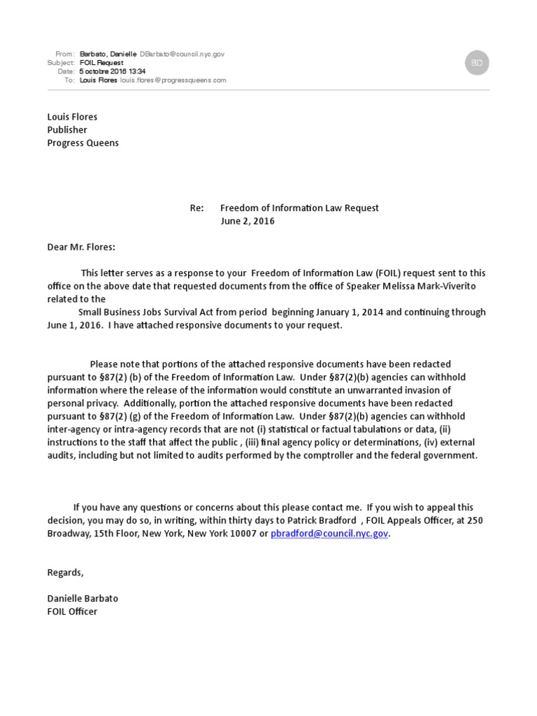 2016-10-05 SBJSA FOIL Request - Response Part 1 (Mark-Viverito) (New York City Council) | PDF