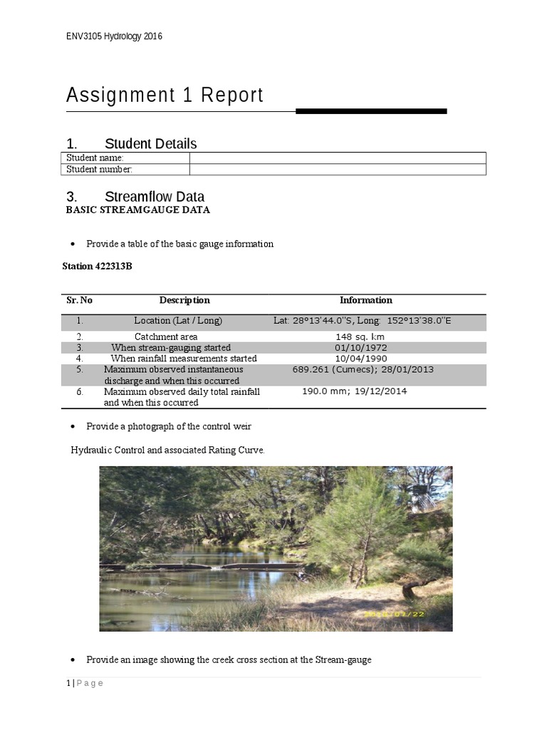 ENV3105Assignment1 ReportTemplate2016 | PDF | Discharge (Hydrology) | Earth Sciences