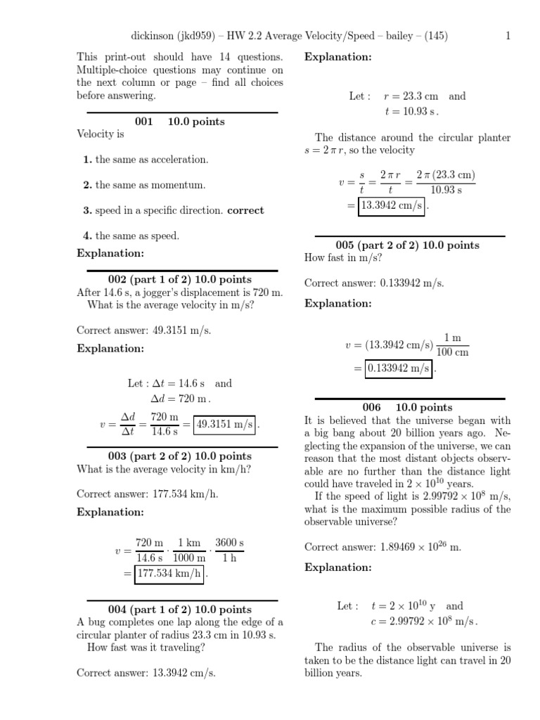 HW 2.2 Average Velocity-Speed-solutions PDF | PDF | Universe | Speed