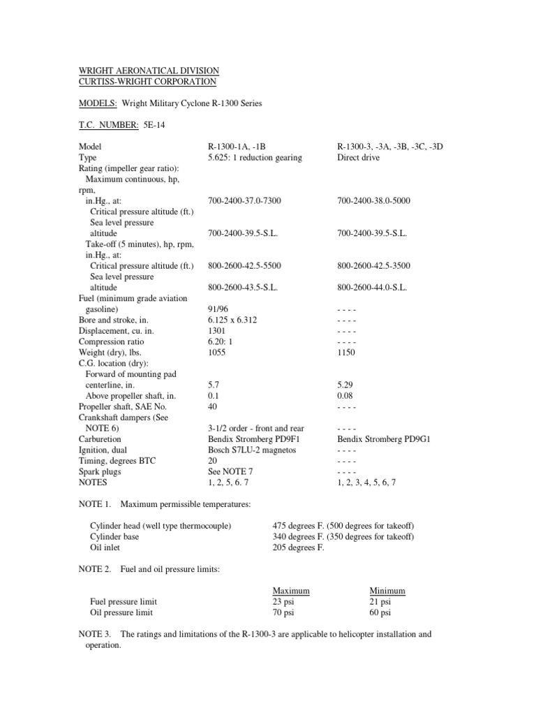 Wright Cyclone R-1300 Engine Specs | PDF