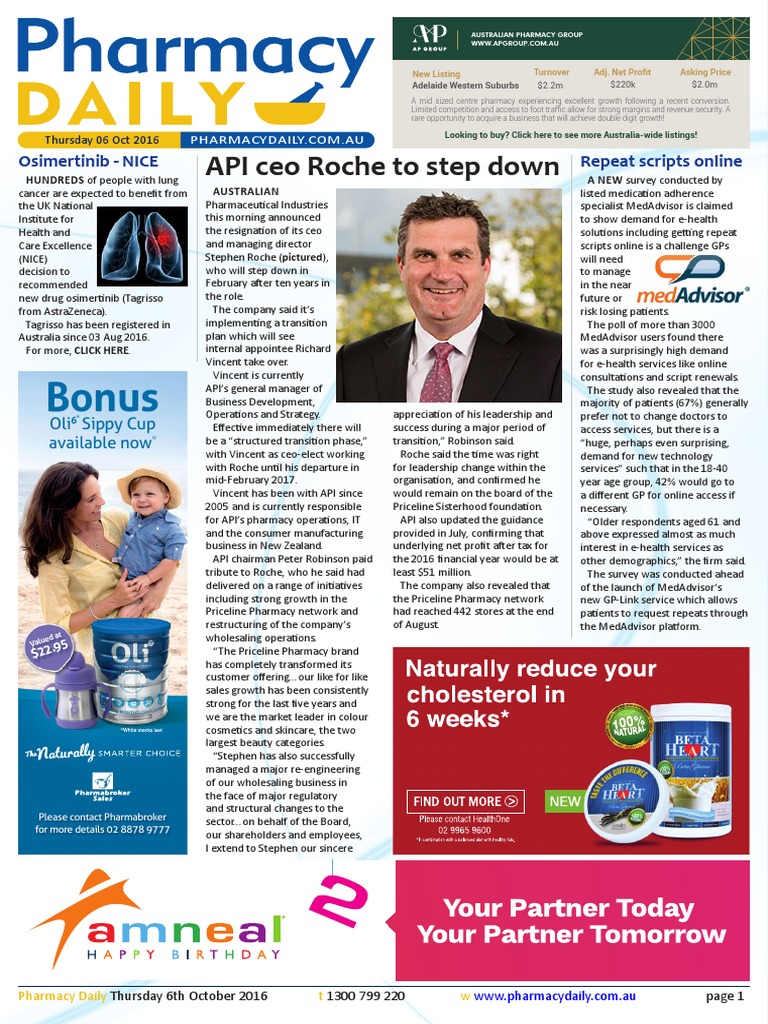 Pharmacy Daily For Thu 06 Oct 2016 - API Ceo Roche To Step Down, SHPA ...