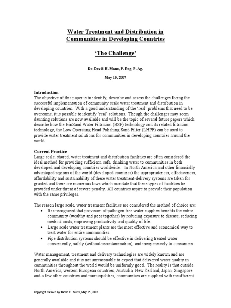 Water Treatment and Distribution in Communities in Developing Countries ...