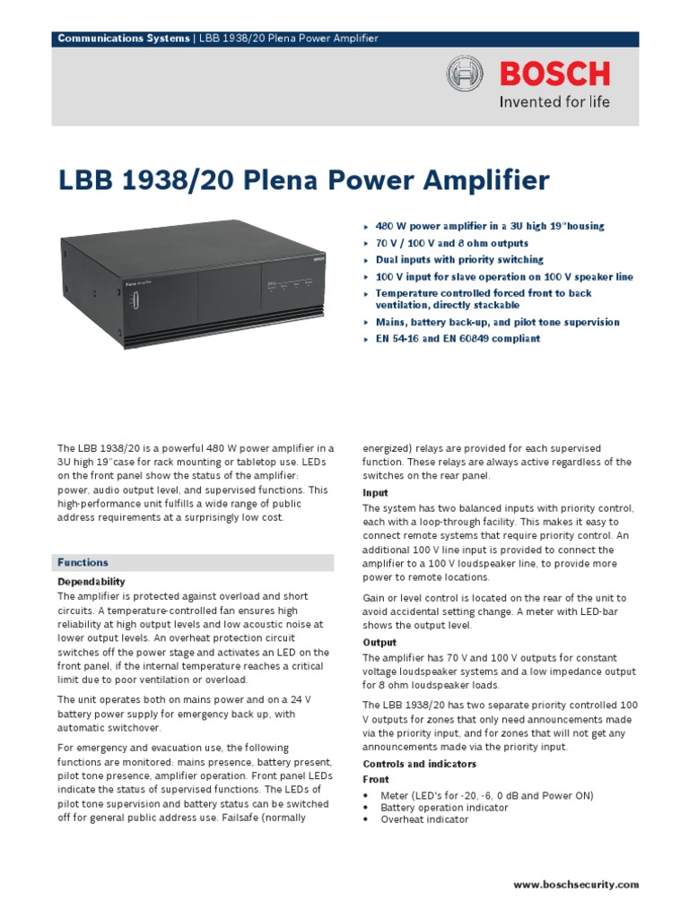 480W Plena Power Amplifier LBB1938/20 | PDF | Amplifier | Loudspeaker