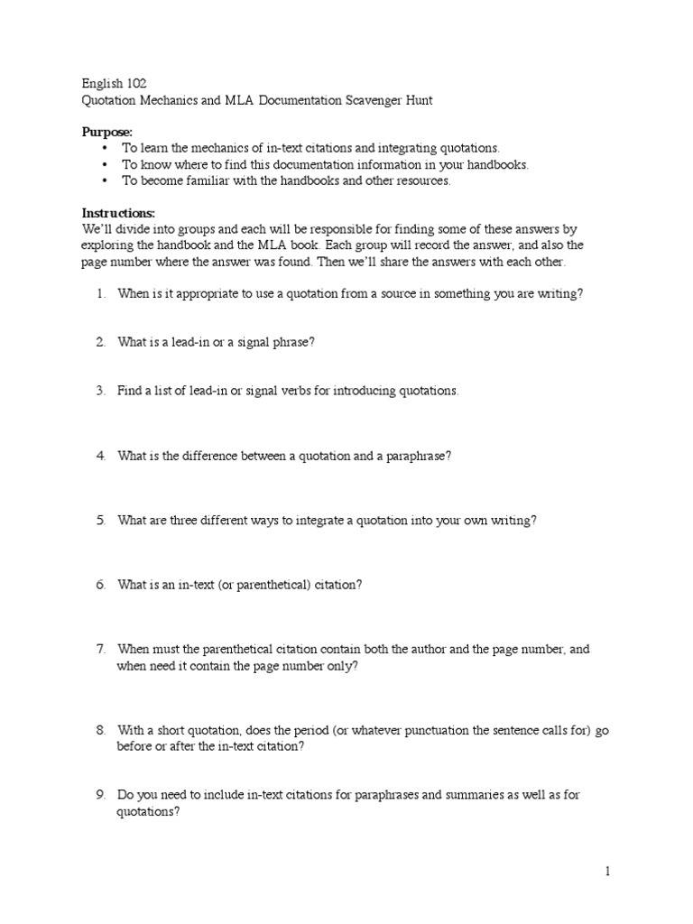 MLA Quotation Mechanics Scavenger Hunt | PDF