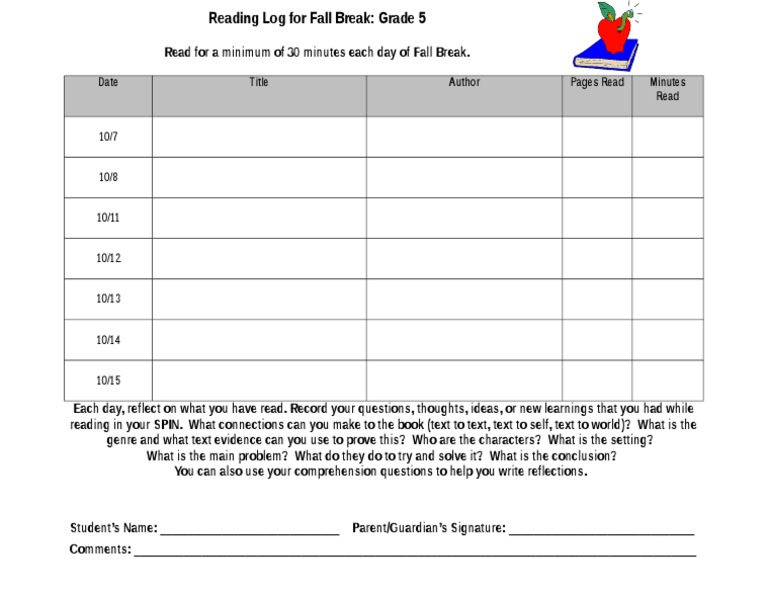 Grade 5 Fall Break Reading Log | PDF