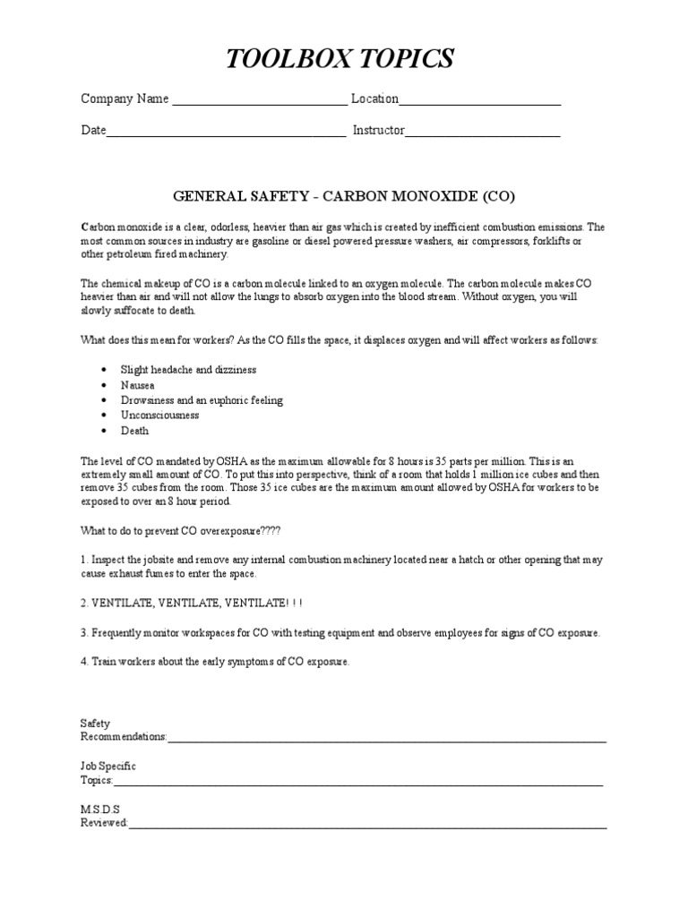 Toolbox Topics: General Safety - Carbon Monoxide (Co) | PDF