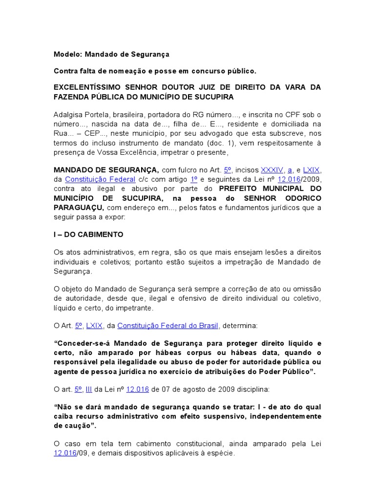 Modelo - Mandado de Segurança - Posse em Concurso Público | PDF ...