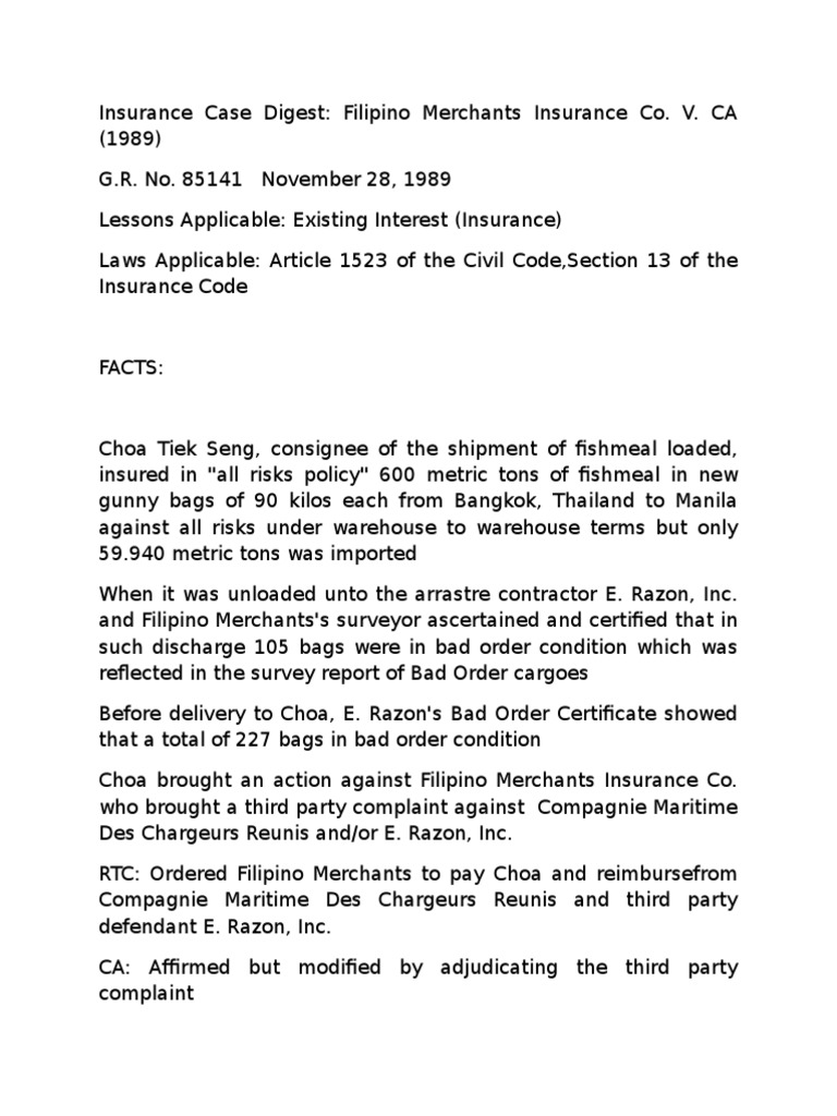 Consignee Has Insurable Interest: Filipino Merchants Insurance Co. V ...