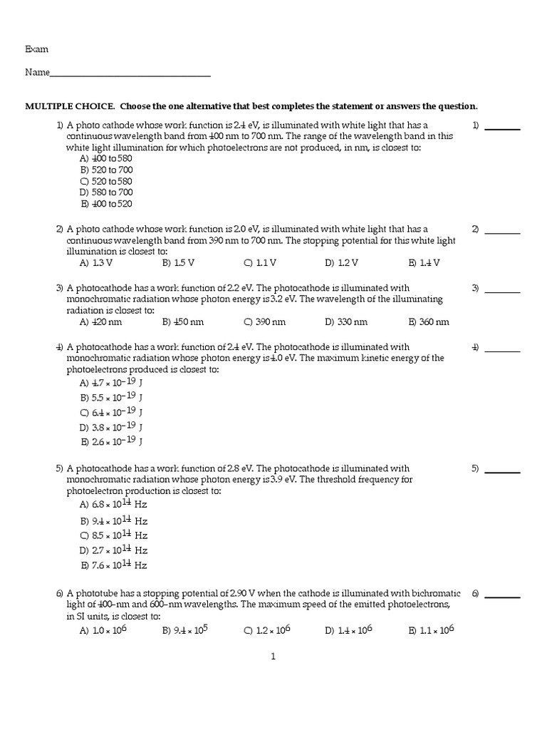 Physics 104 Long Quiz Sample A | PDF | Photoelectric Effect | Electronvolt