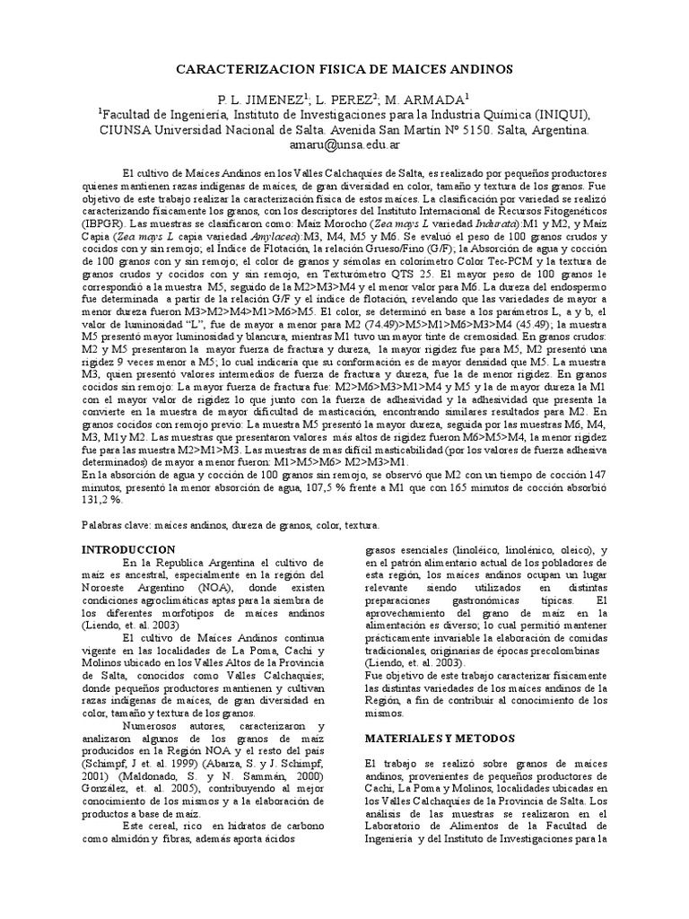 Caracterizacion Fisica de Maices Andinos | PDF | Maíz | Cereales