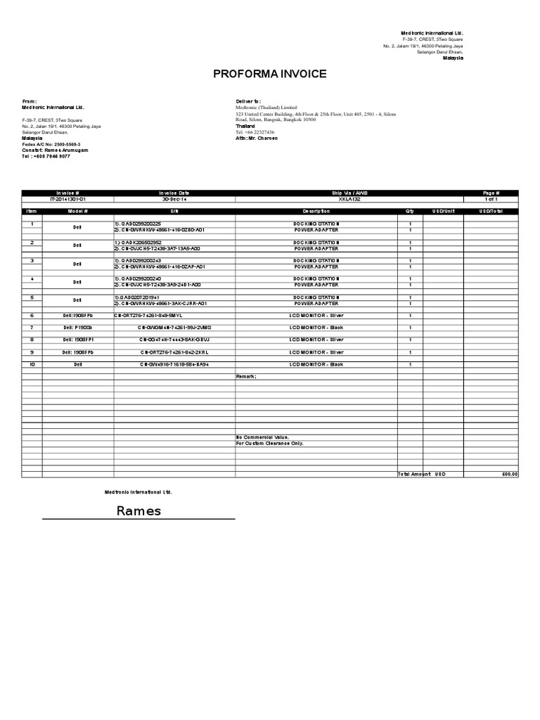 Performa Invoice For LCD - TH Office | PDF