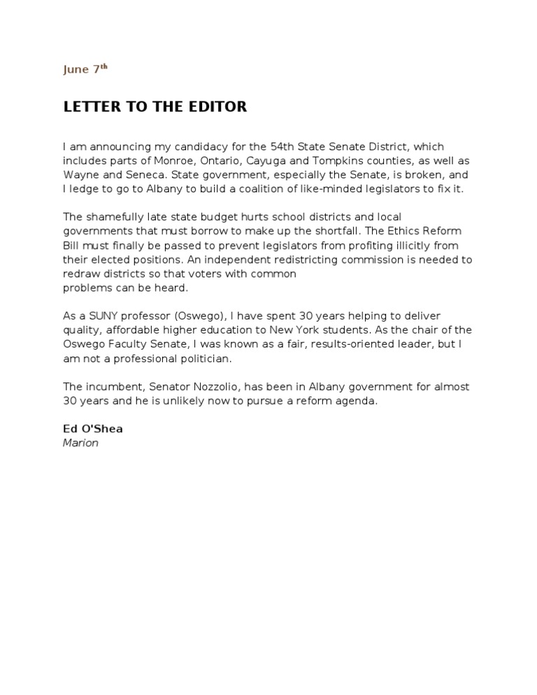 Ed O'Shea - Campaign Announcement | PDF