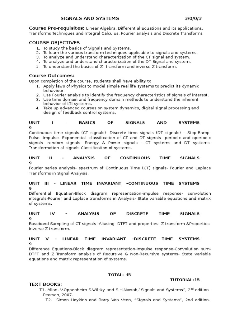 Signals and Systems 3/0/0/3 Course Pre-Requisites | PDF | Signal ...