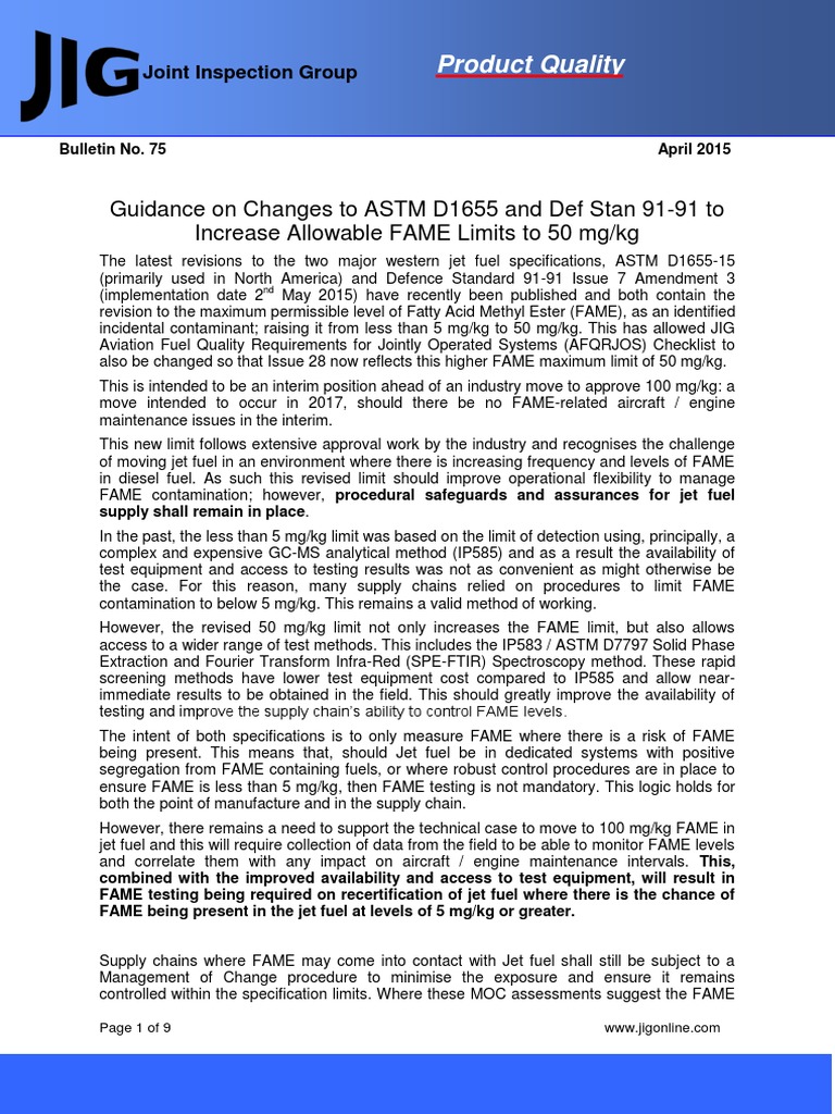 Product Quality: Guidance on Changes to ASTM D1655 and Def Stan 91-91 to Increase Allowable FAME ...