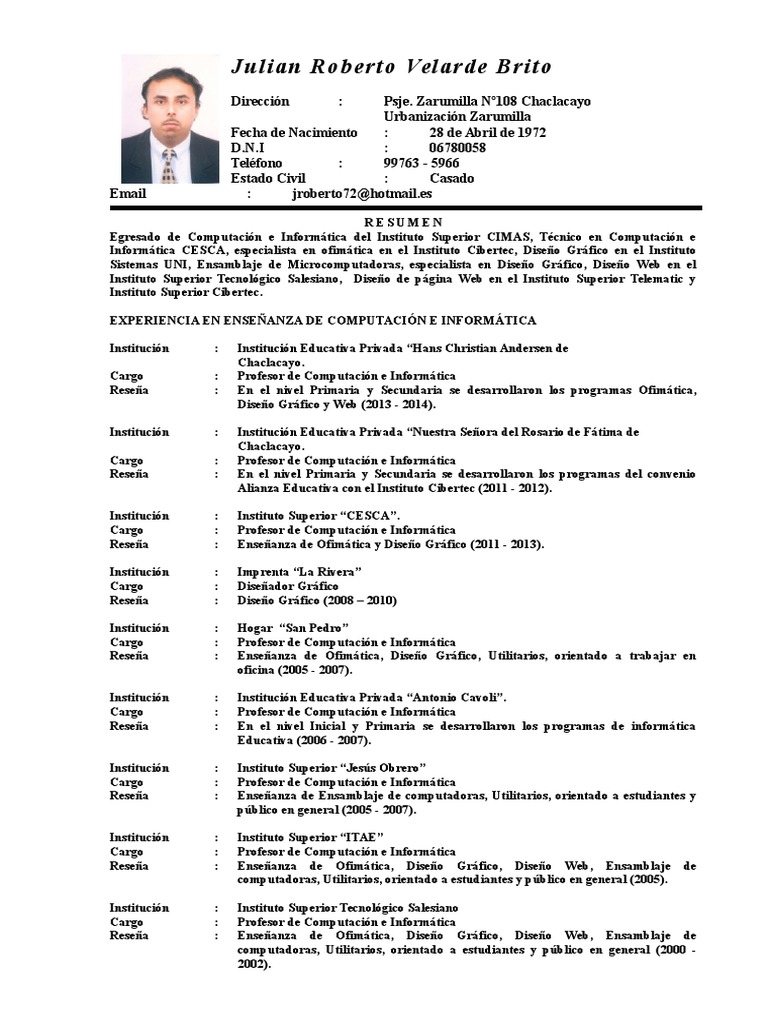 Julian Roberto Velarde Brito Curriculum Vitae | PDF | Maestros ...