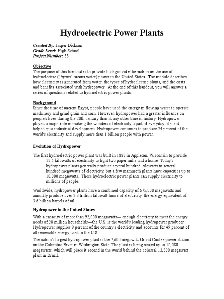 Hydroelectric Power Plants: Created By: Jasper Dickson Grade Level ...