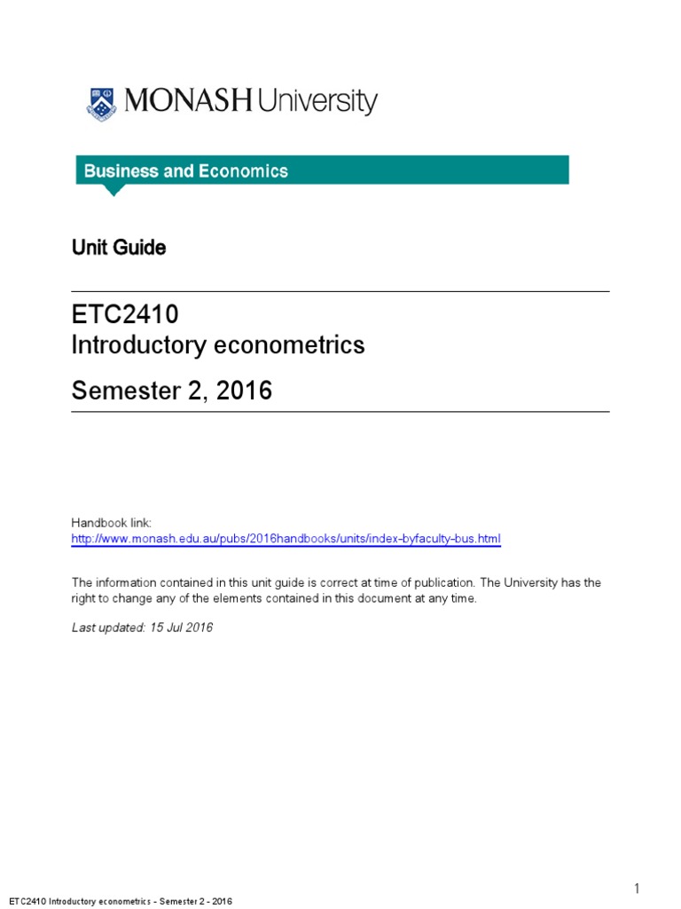 Etc2410 Introductory Econometrics Semester 2 2016 Unit Guide Pdf Regression Analysis