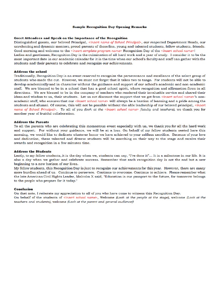 Sample School Recognition Opening Remarks 3 PDF | PDF