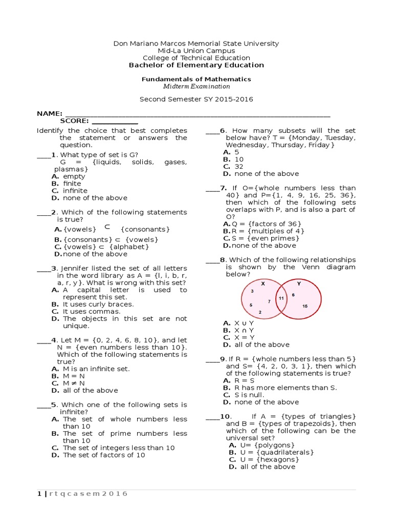 Midterm Examination: Fundamentals of Mathematics | PDF | Numbers ...