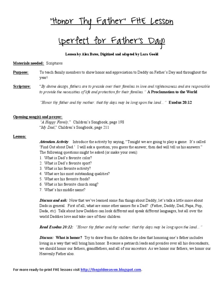 Honor Thy Father FHE Lesson (Perfect For Father's Day) | PDF | God The ...