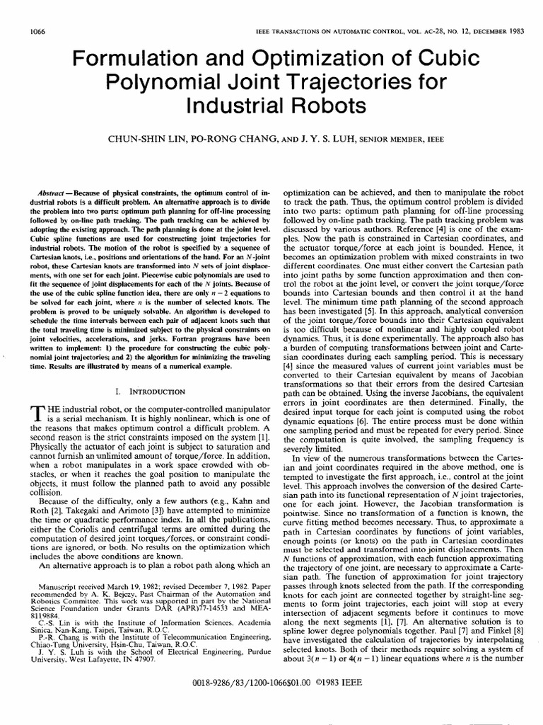 Formulation and Optimization of Cubic Polynomial Joint Trajectories For Industrial Robots | PDF ...