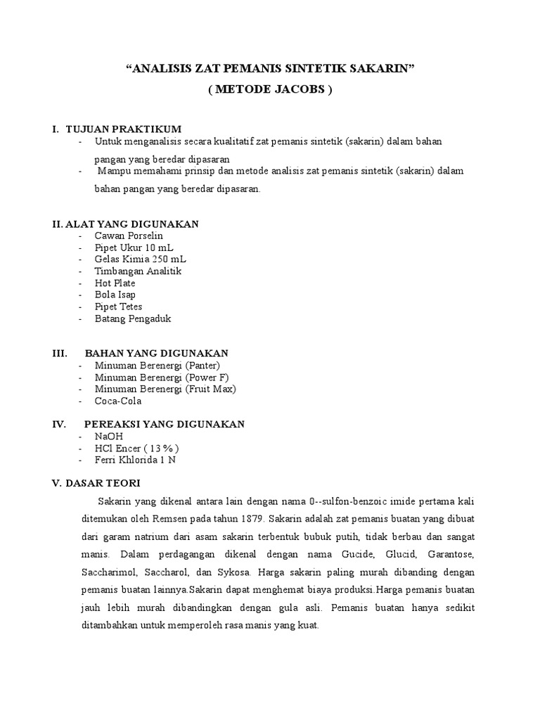 Analisis Zat Pemanis Sintetik Sakarin | PDF