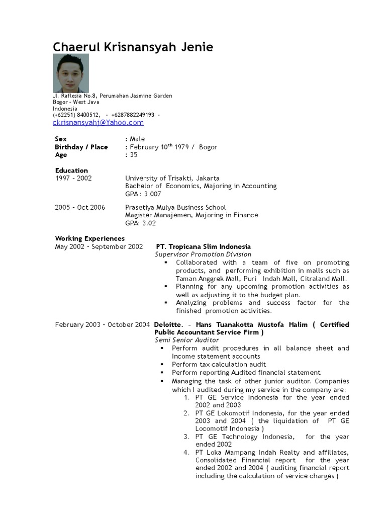 Chaerul Krisnansyah Jenie: Sex: Male Birthday / Place: February 10 Age: 35 Education | PDF ...