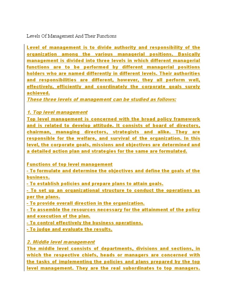 Levels of Management and Their Functions | PDF | Goal | Supervisor
