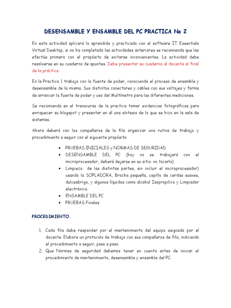 DESENSAMBLE Y ENSAMBLE DEL PC PRACTICA No 2 | PDF | Computadoras ...