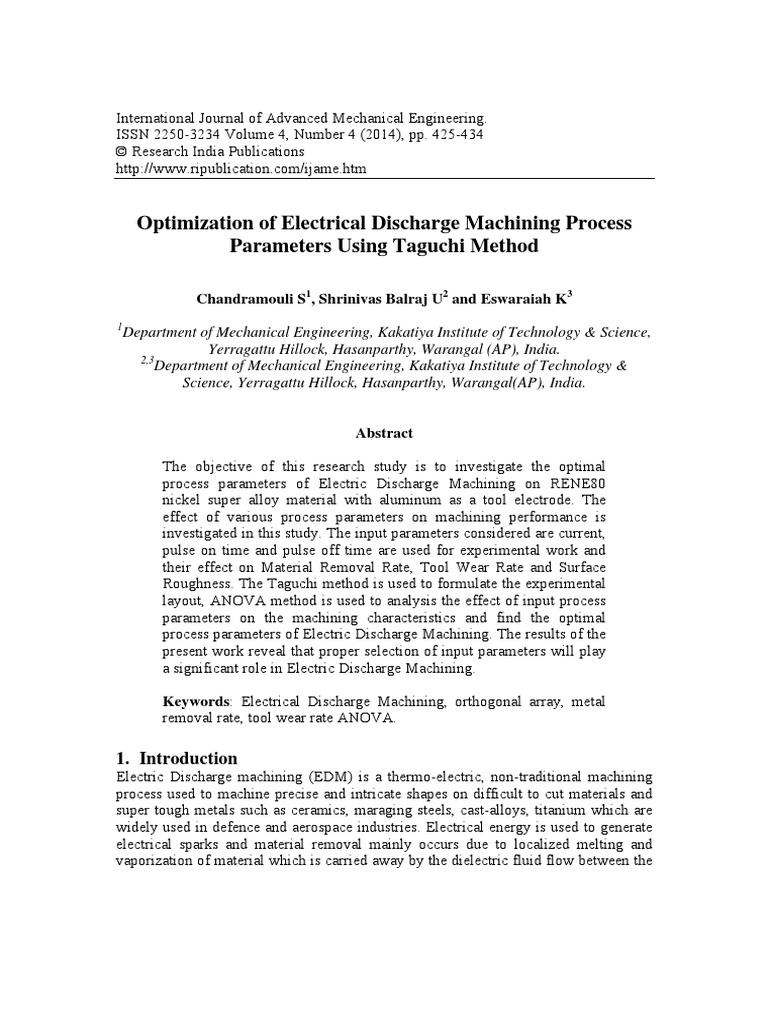 Optimization of Electrical Discharge Machining Process Parameters Using Taguchi Method | PDF ...