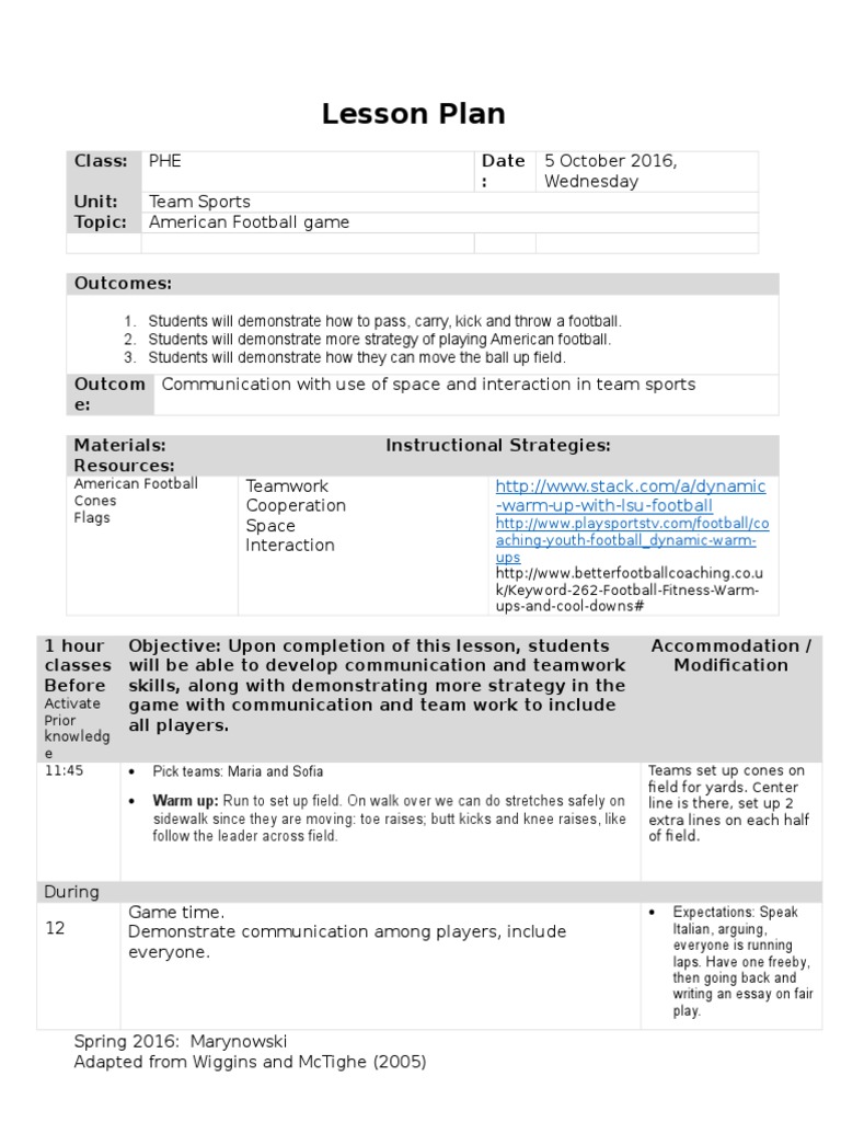 American Football Lesson Plan for PHE | PDF