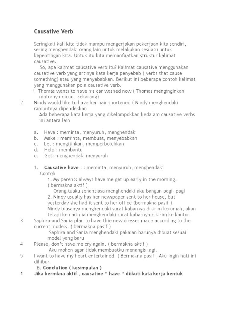Causative Verb: 1 Jika Bermkna Aktif, Causative " Have " Diikuti Kata Kerja Bentuk | PDF ...