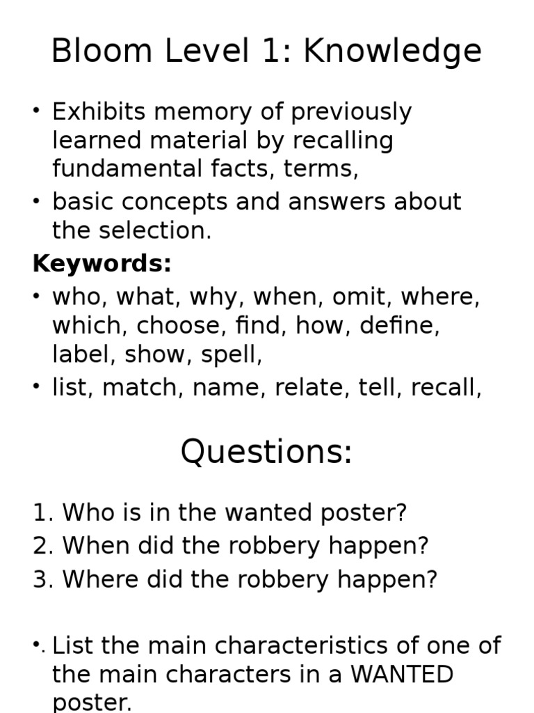 Bloom Level 1: Knowledge: Keywords | PDF | Reading Comprehension ...
