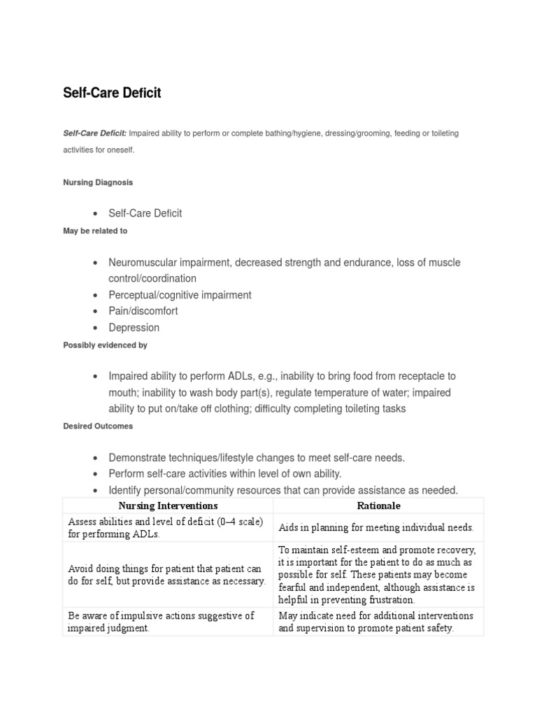 Self Care Deficit | PDF | Self Esteem | Cognition