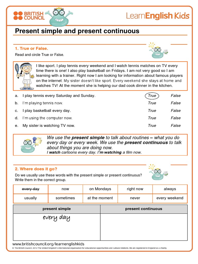 Present Simple vs Continuous Worksheet | PDF