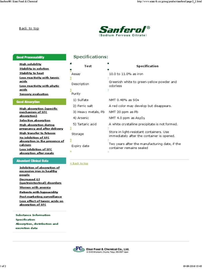 Sanferol® Specifications and Absorption Data | PDF