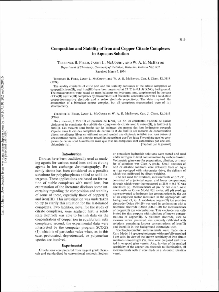 Composition and Stability of Iron and Copper Citrate Complexes in ...