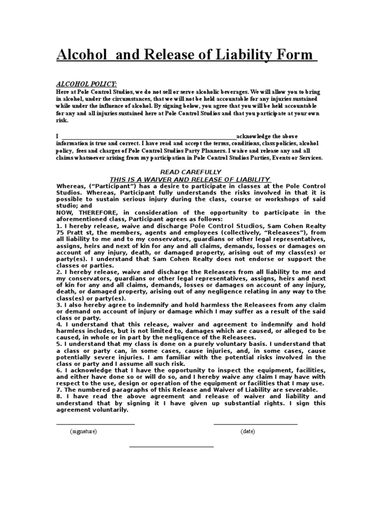 Alcohol Liability Release Form | PDF | Indemnity | Government Information