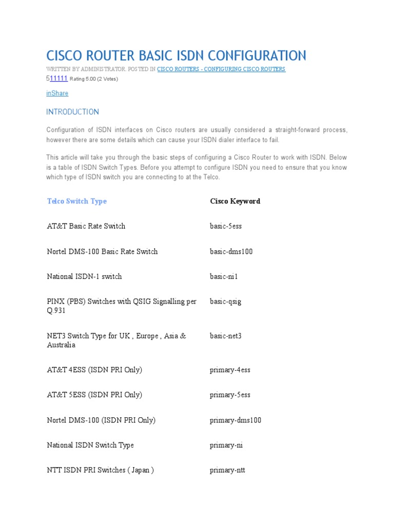 Cisco Router Basic Isdn Configuration | PDF | Computer Standards ...
