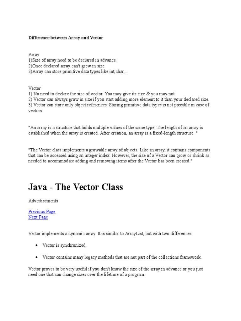 Java The Vector Class Difference Between Array And Vector Pdf Array Data Type Array 