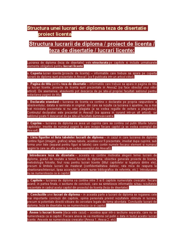 Structura Unei Lucrari de Diploma Teza de Disertatie Proiect Licenta | PDF
