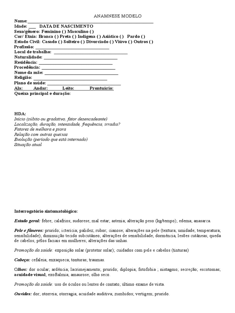 Anamnese Modelo | Download grátis PDF | Olho | Especialidades médicas
