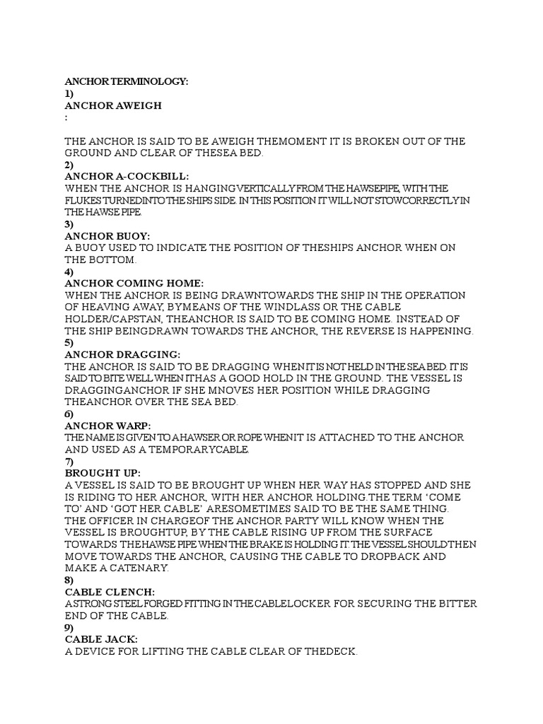 Anchor Terminology: 1) Anchor Aweigh | PDF | Anchor | Water Transport